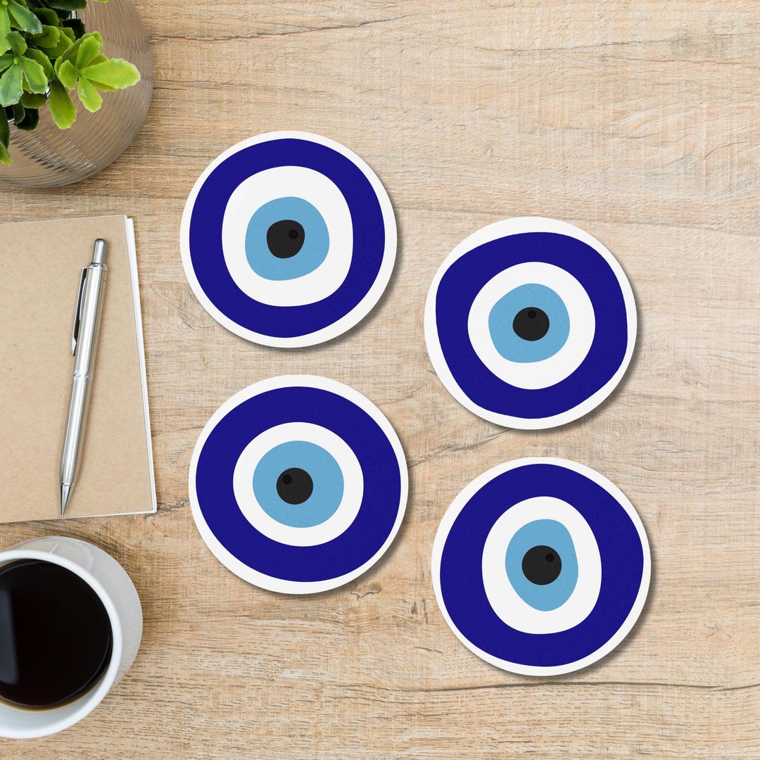 Evil Eye Coasters, Coaster Set, Glossy Finish, Unique Home Decor, Cork ...