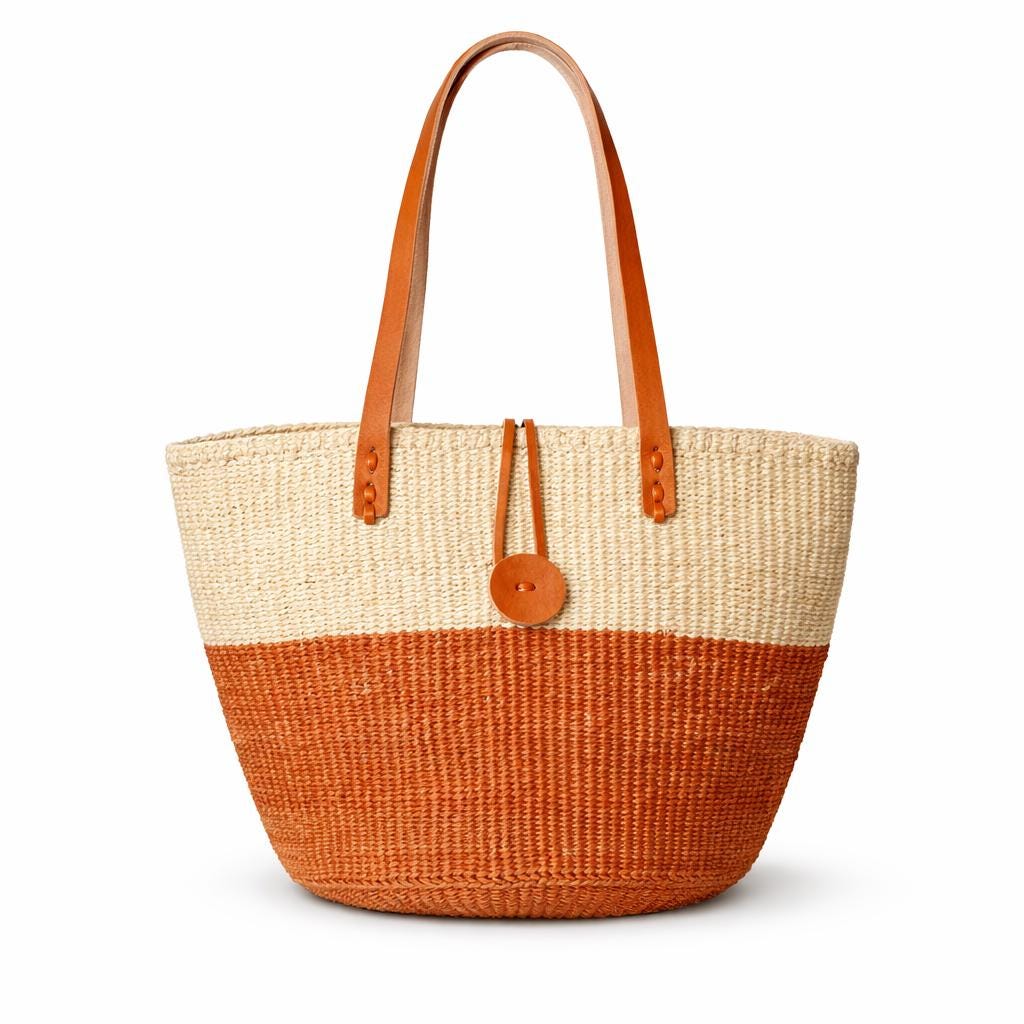 Handwoven Sisal Tote Bag | Kenyan Market Basket With Leather Handles - Etsy