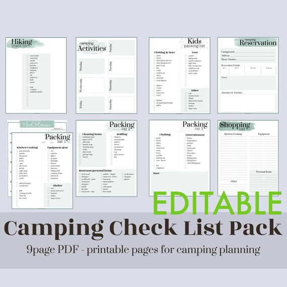 Camping Checklists and Worksheets // Printable PDF Pages - Etsy