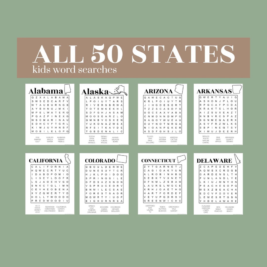 Kids Word Searches, USA 50 States Pack // Printable Puzzles - Etsy