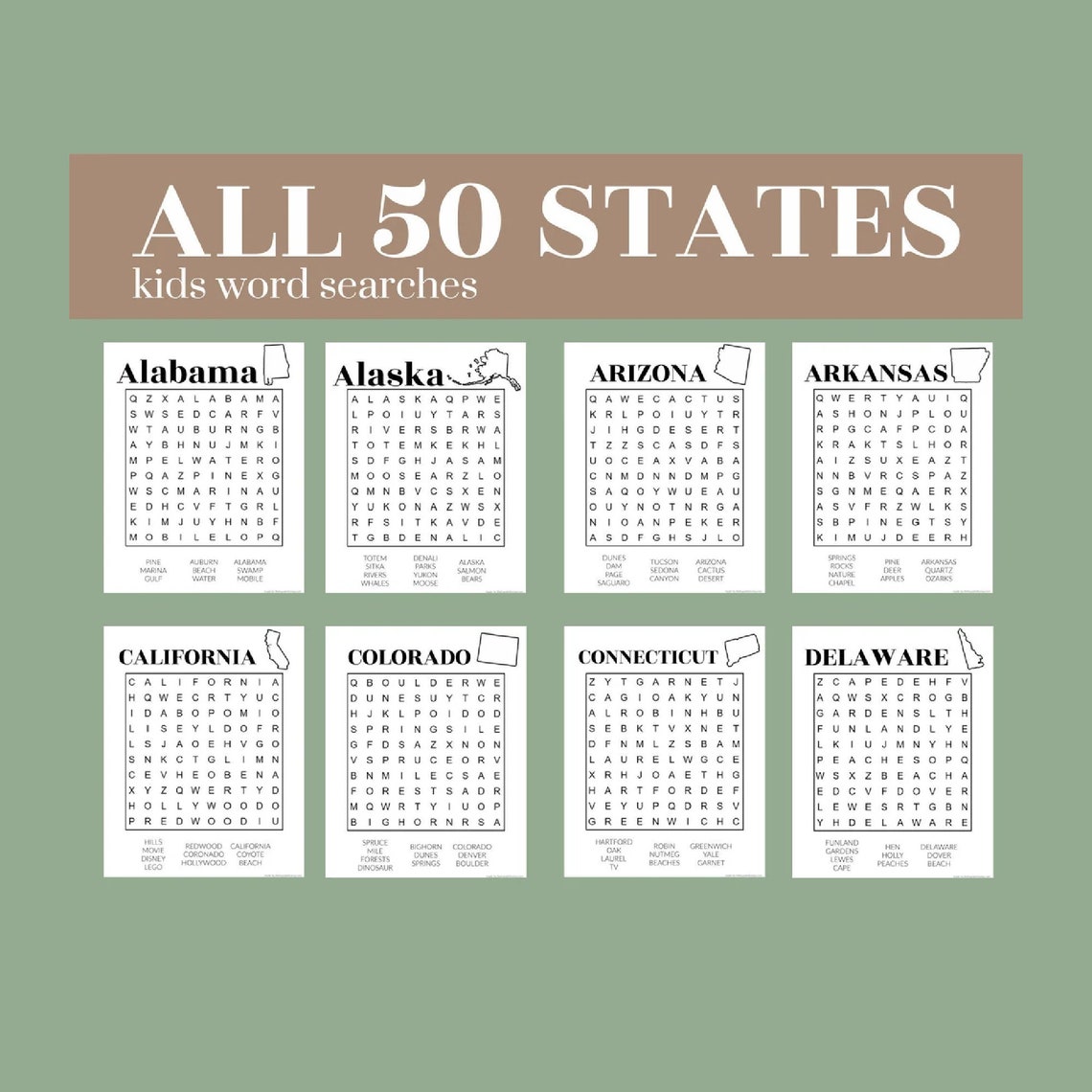 Kids Word Searches, USA 50 States Pack // Printable Puzzles - Etsy