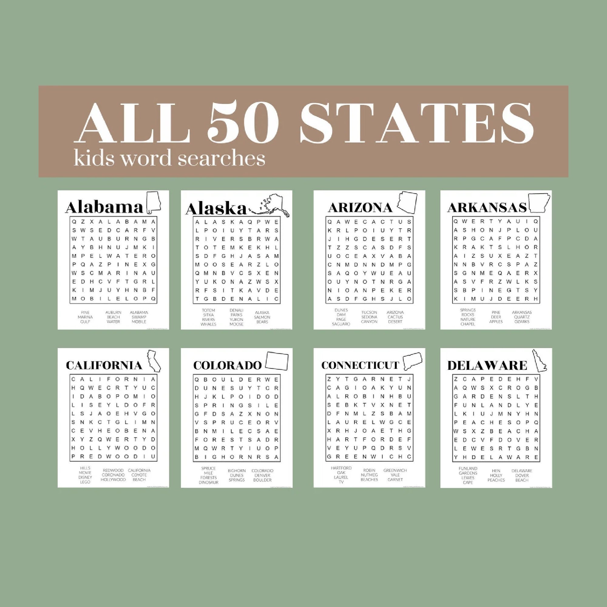Kids Word Searches, USA 50 States Pack // Printable Puzzles - Etsy