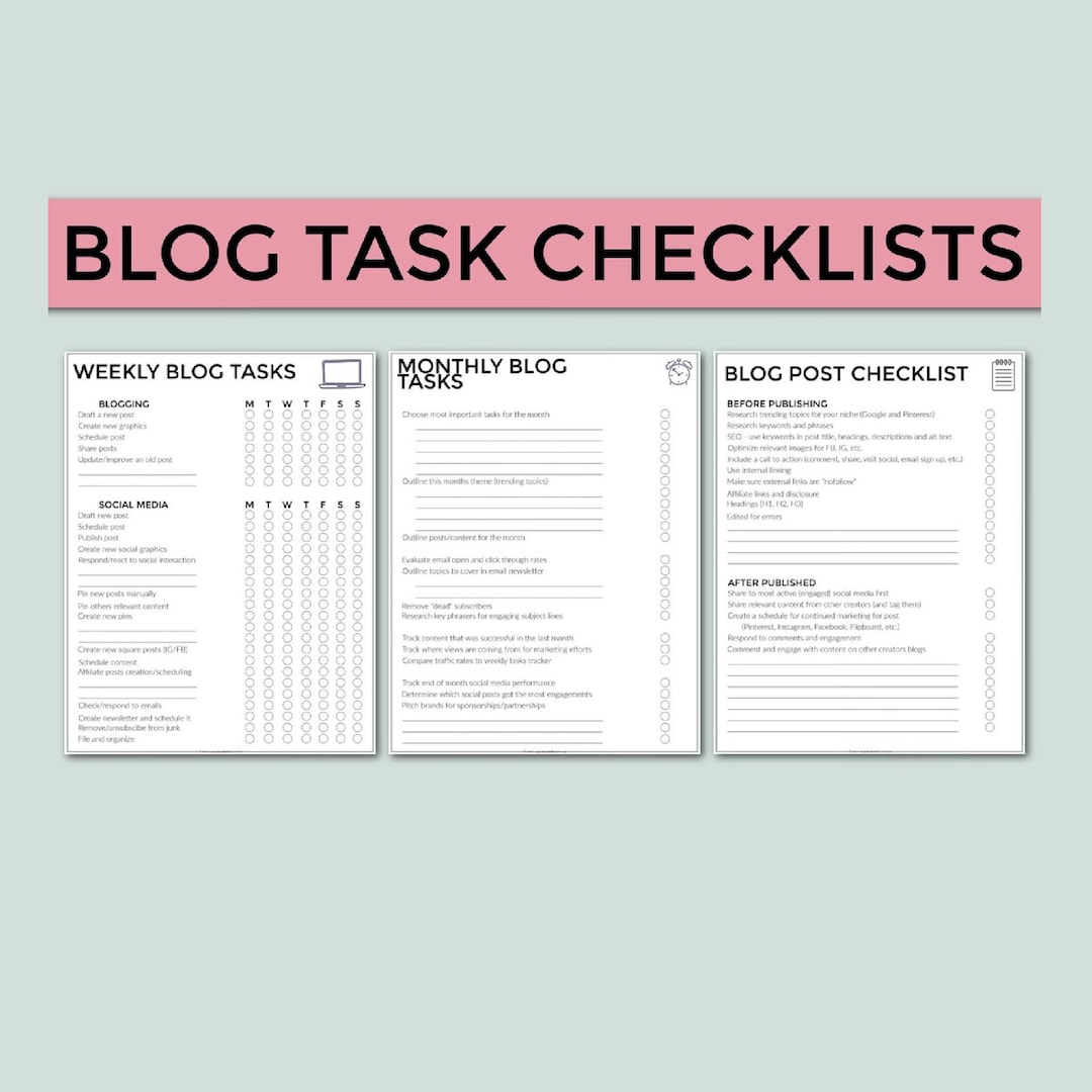 Blog Task Checklists //PDF Printable Checklists, Planning Worksheets - Etsy