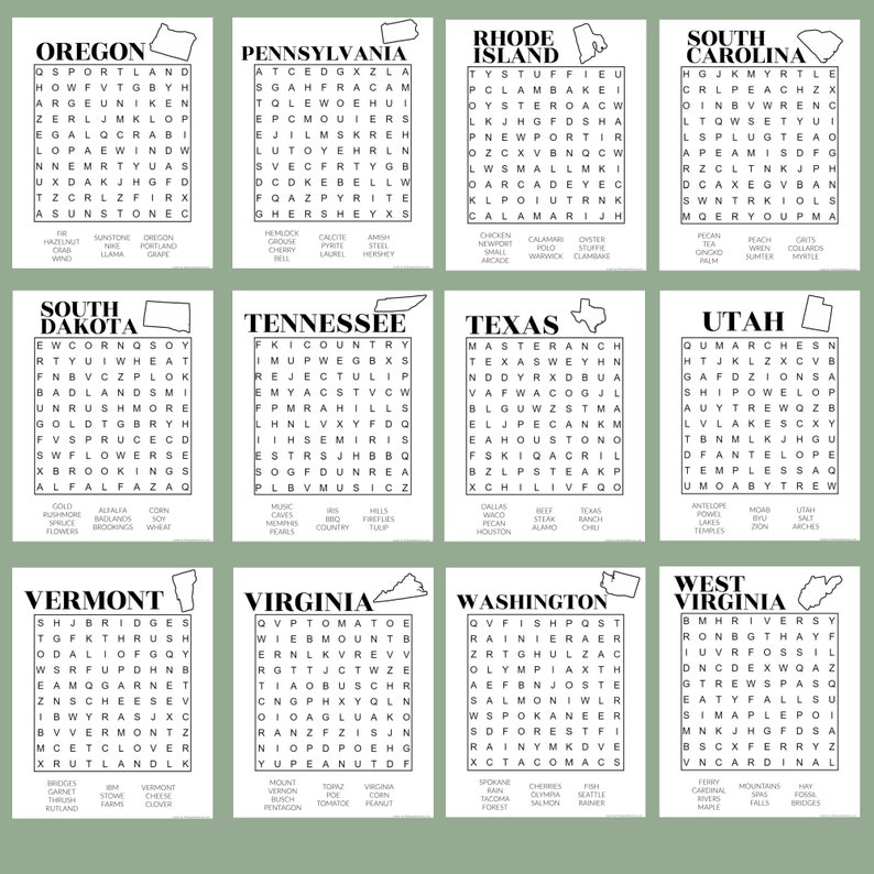 Kids Word Searches, USA 50 States Pack // Printable Puzzles - Etsy