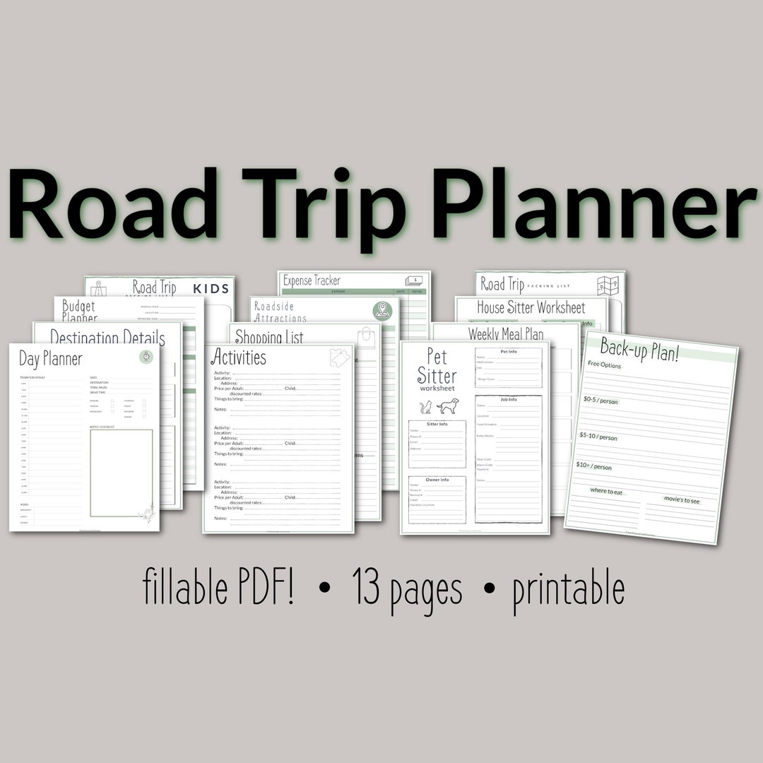 Road Trip Planner in GREEN // Fillable PDF! - Etsy