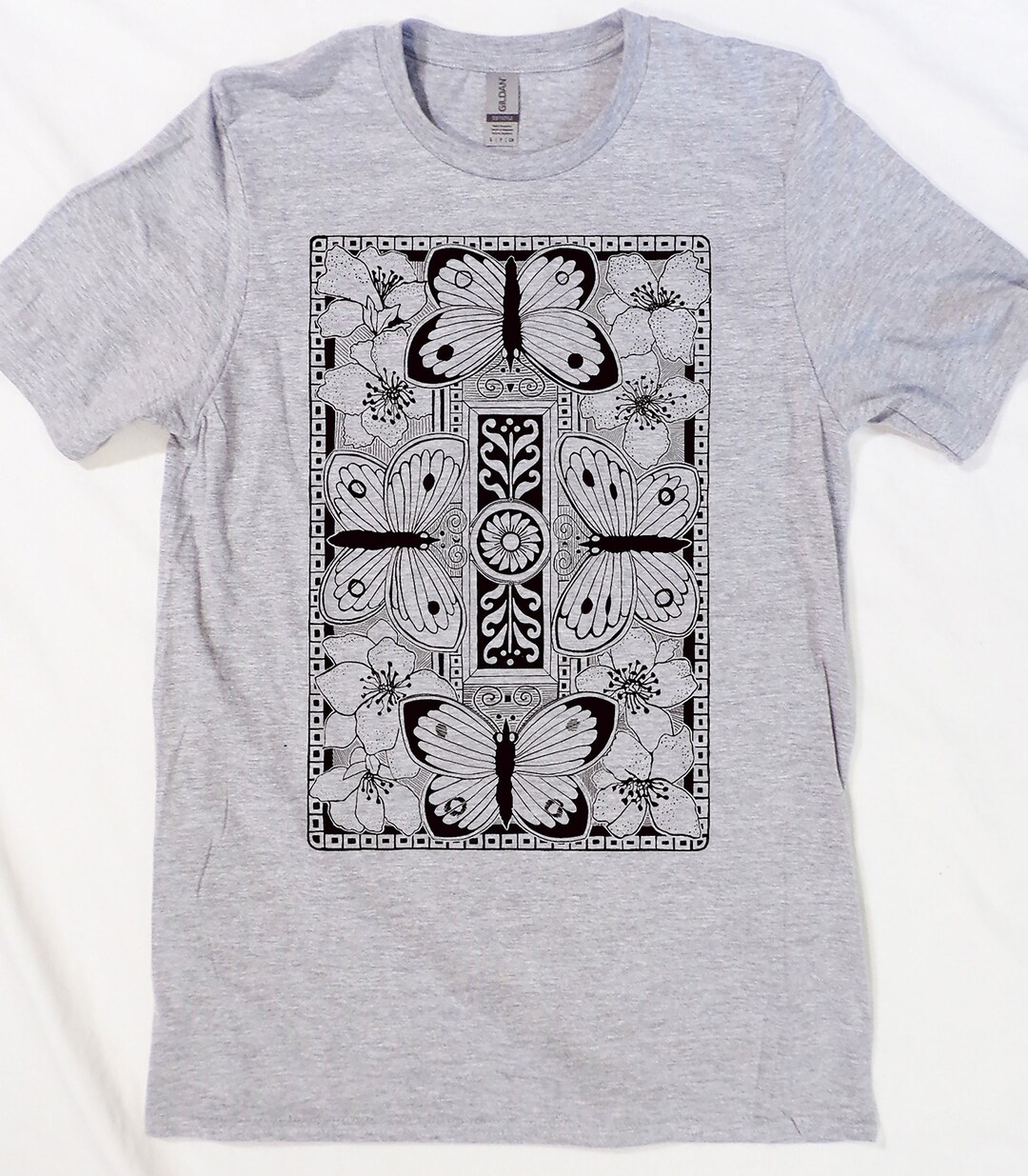 Comfy Art Deco Style Butterfly Flower Summer Grey Gildan Tee in Bella ...