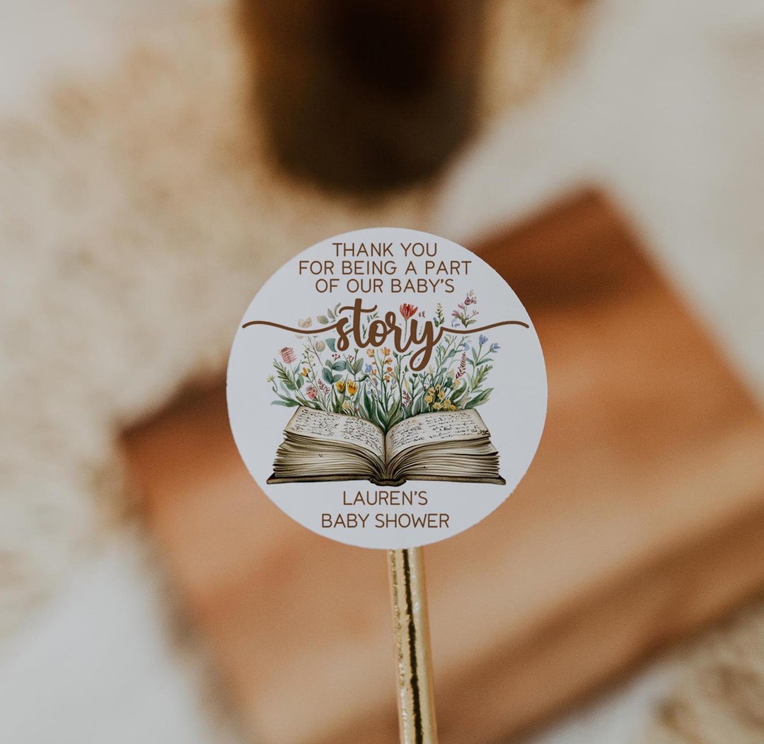 A New Chapter Begins Baby Shower Favor Sticker, Storybook Baby Shower ...
