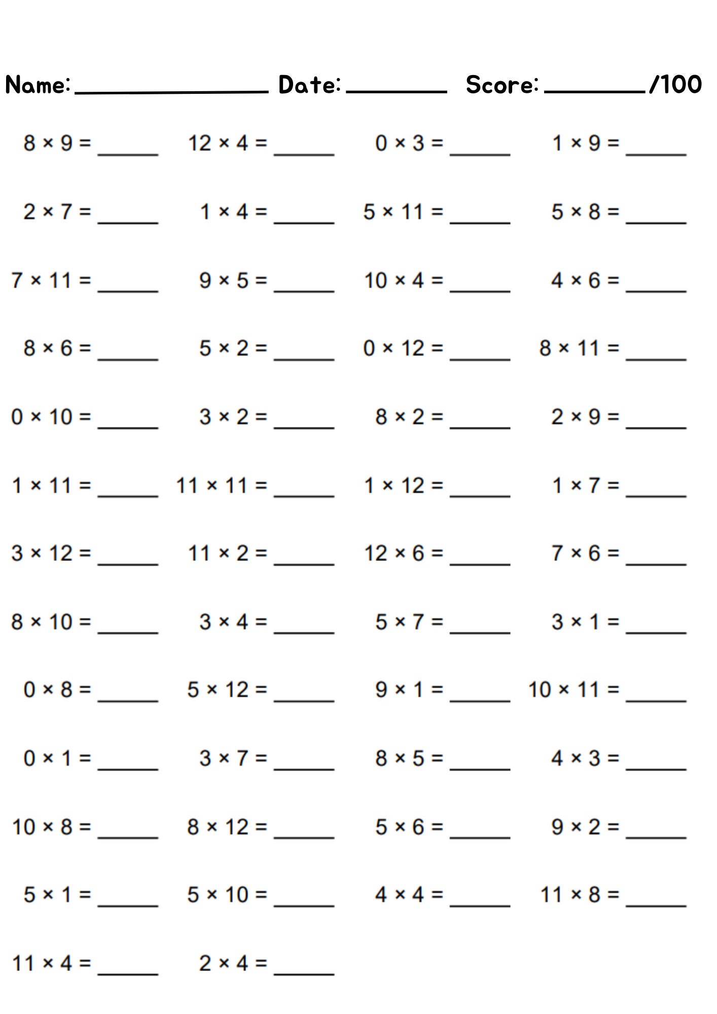 20 Printable Multiplication Worksheets, Fill in the Blanks - Single ...