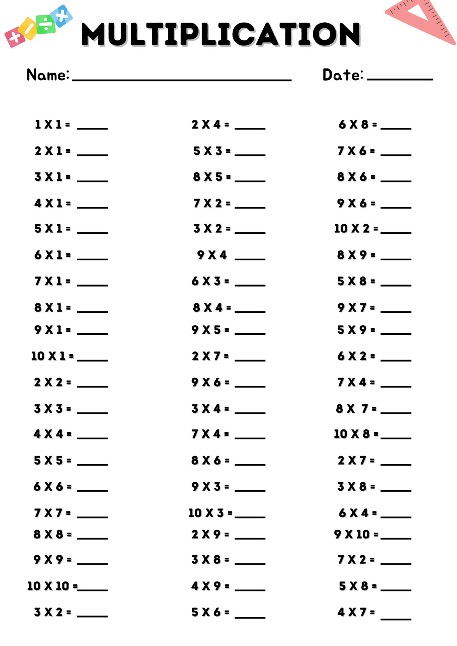 10 Multiplication Practice Sheets Printable 10 Multiplying Practice Worksheets Numbers 1-10 ...