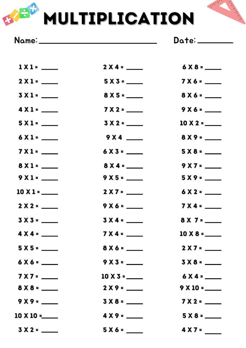 10 Printable Multiplication Worksheets, Fill in the Blanks - Single ...