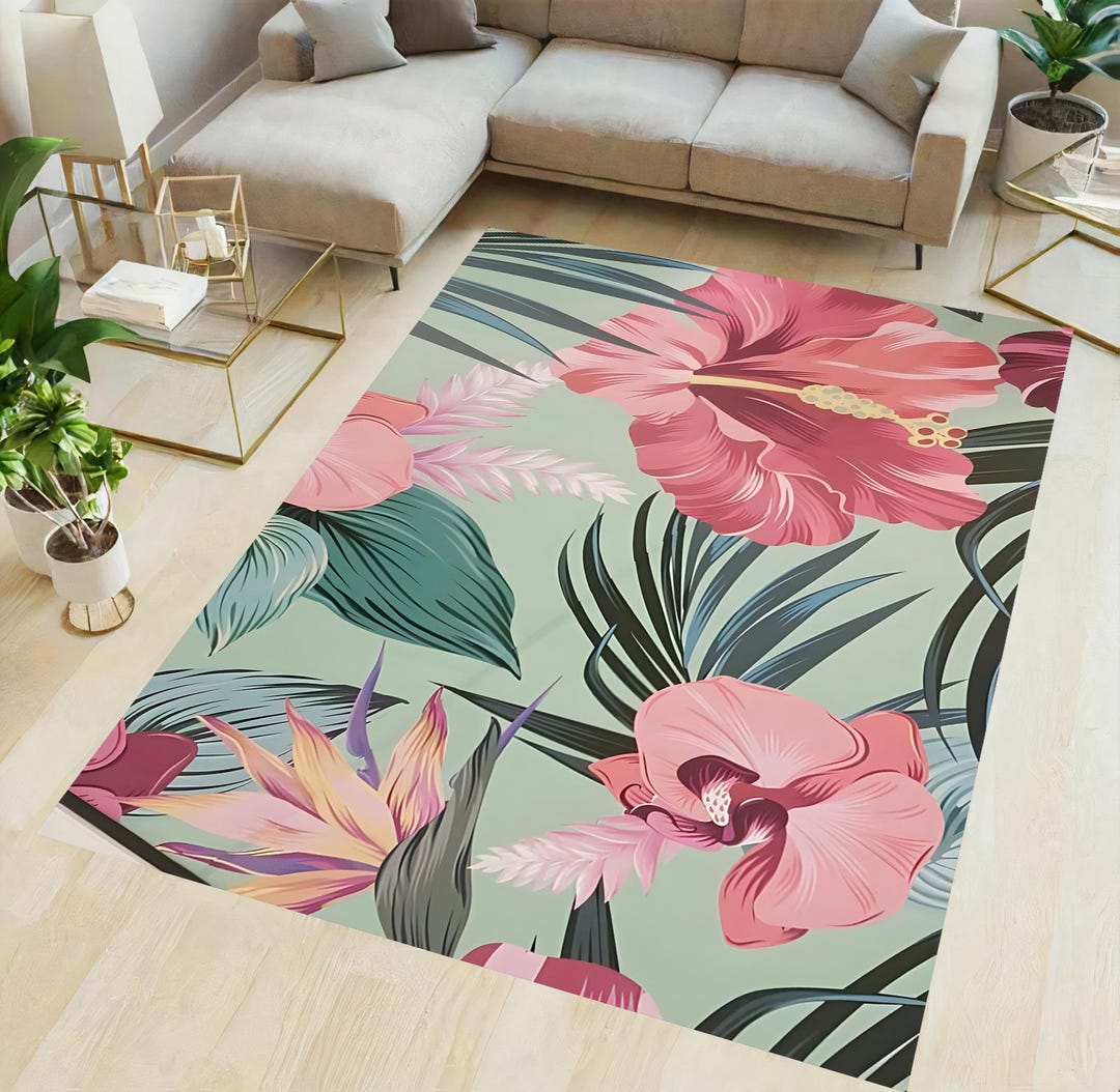 Tropical Floral Rug,hibiscus Floor Mat,botanical Rug,floral Area Rug ...