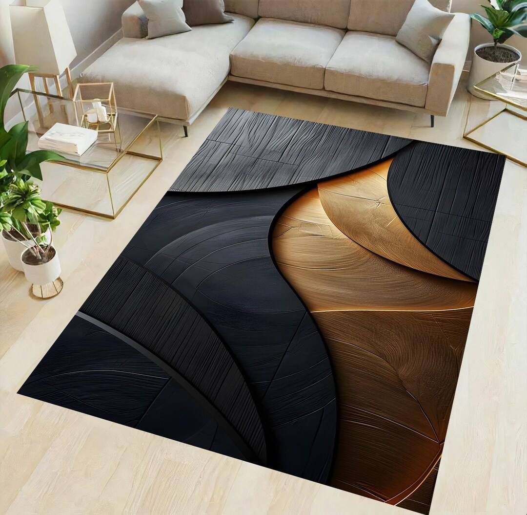 Curved Rug,sleek Black Rug,gold Accents Rug,minimalist Rug,living Room ...