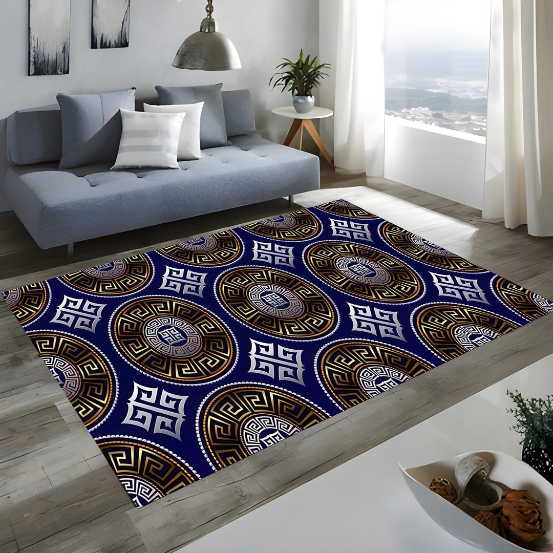 Greek Key Pattern Rug,greek Motif Rug,geometric Modern Rug,navy Gold ...