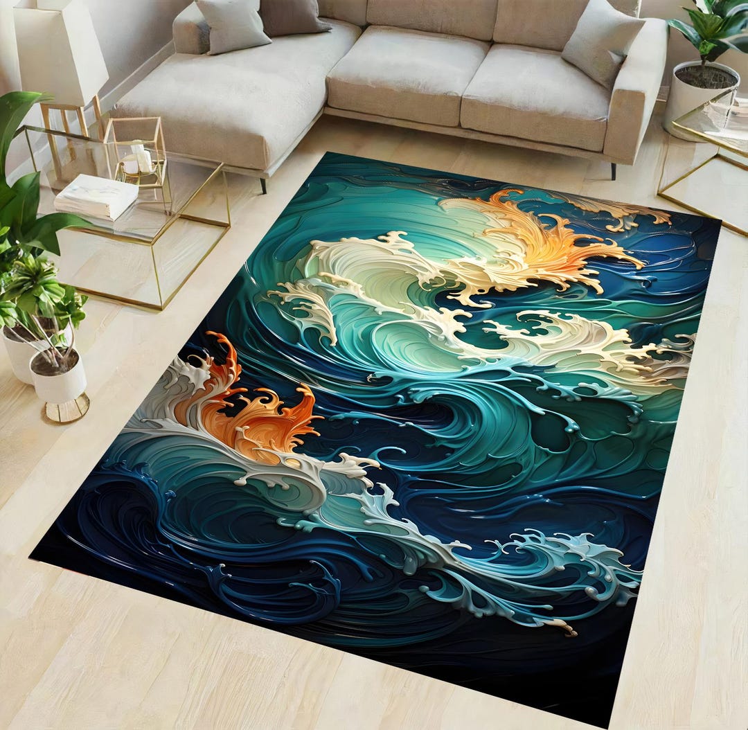 Abstract Wave Rug,ocean Rug,deep Blue Rug,modern Art Rug,living Room ...