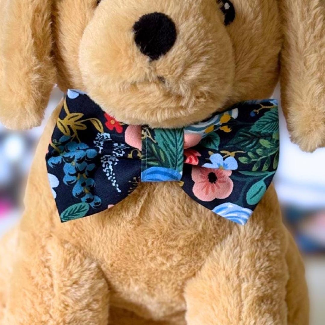 Handmade Navy Floral Dog Bow Tie, Summer Dog Bow, Handmade Pet ...