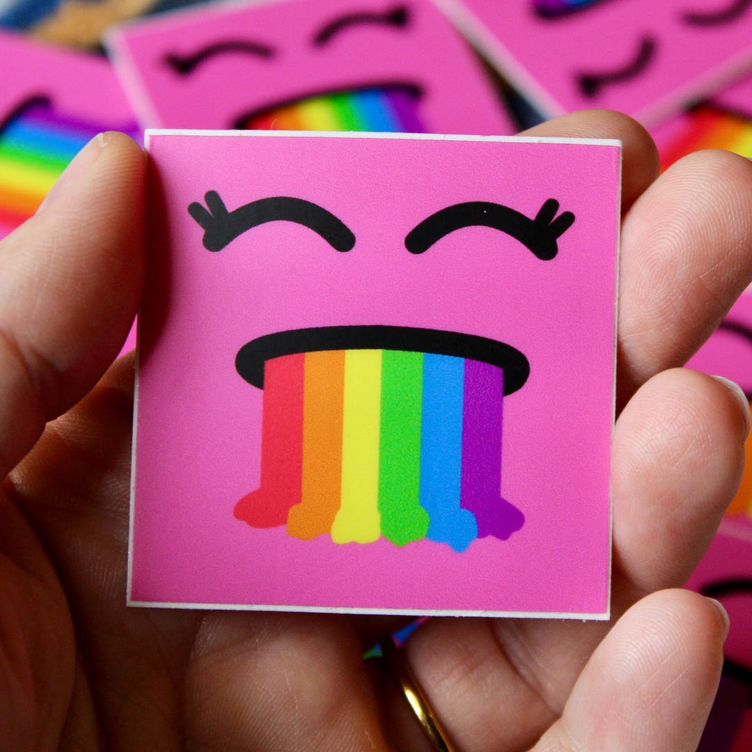 Funny Pink Smiley Face Rainbow Vomit Sticker: Waterproof Vinyl Decal ...
