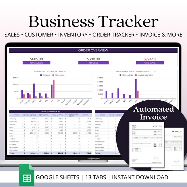 Small Business Tracker Spreadsheet for Google Sheets Invoice Inventory ...