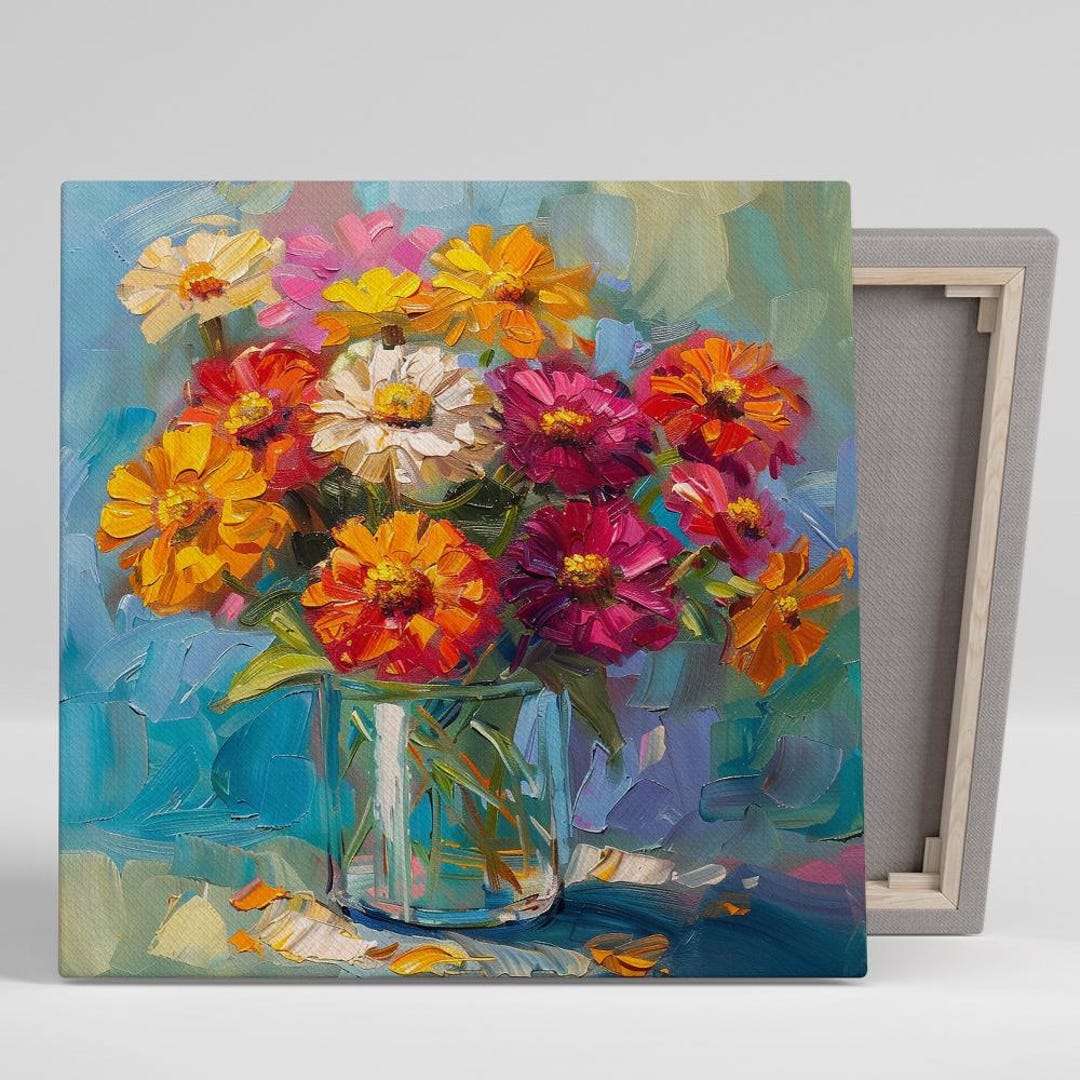 Zinnia Wall Art, Canvas or Poster, Floral Impressionism Decor, Modern ...
