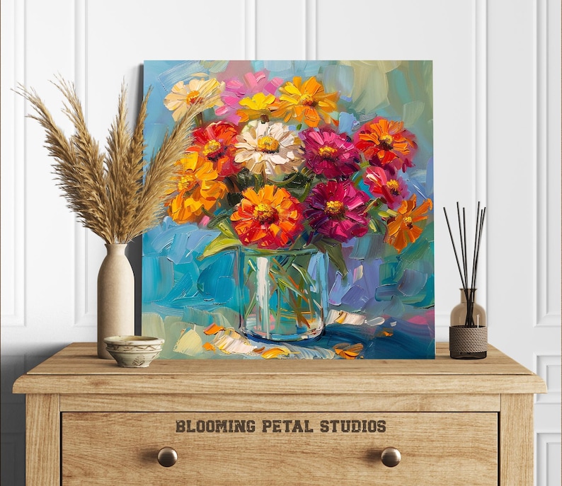 Zinnia Wall Art, Canvas or Poster, Floral Impressionism Decor, Modern ...