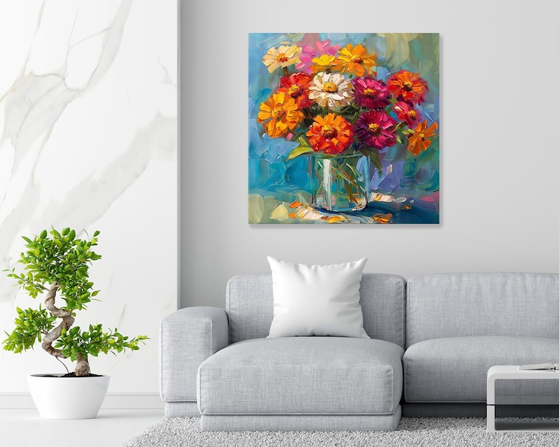 Zinnia Wall Art, Canvas or Poster, Floral Impressionism Decor, Modern ...