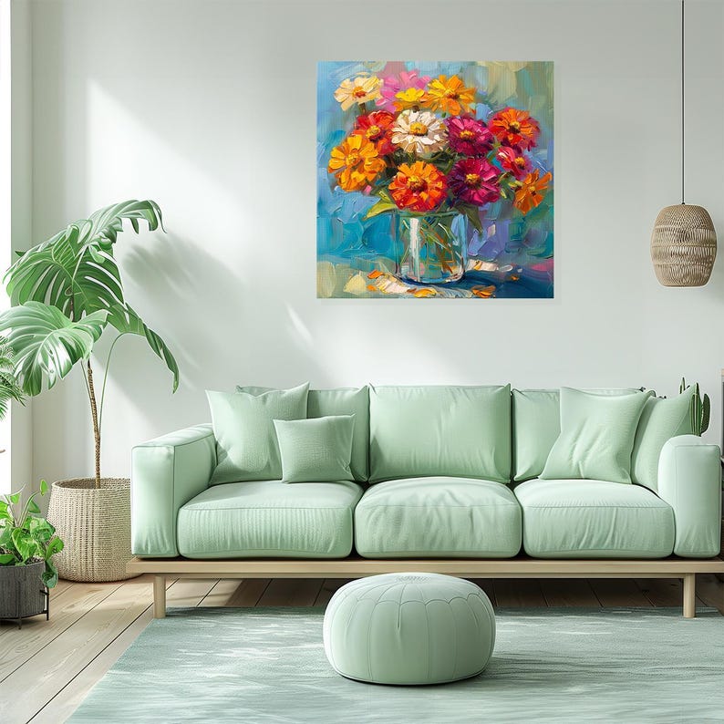 Zinnia Wall Art, Canvas or Poster, Floral Impressionism Decor, Modern ...