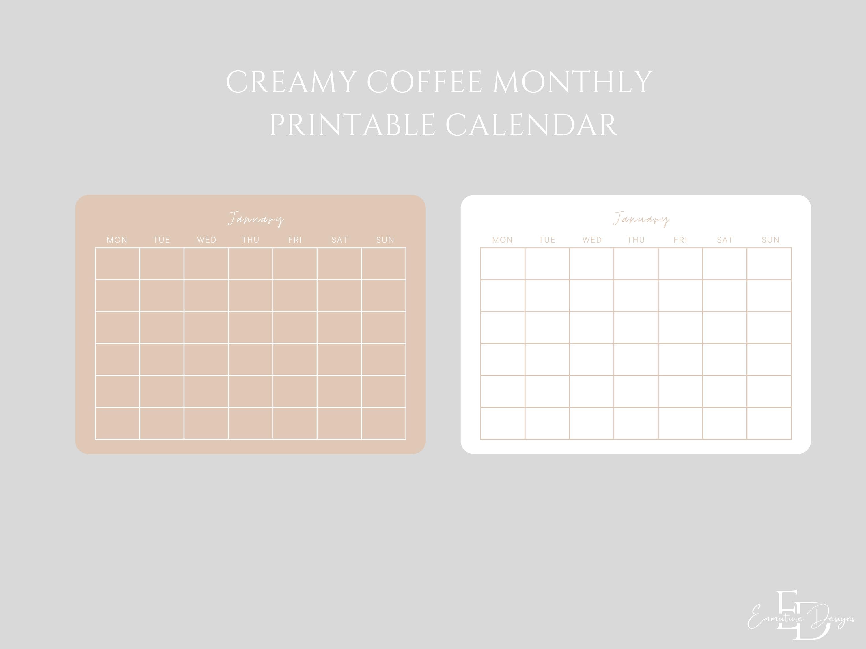 Creamy Coffee Monthly Printable Calendar, Monthly Planner - Etsy