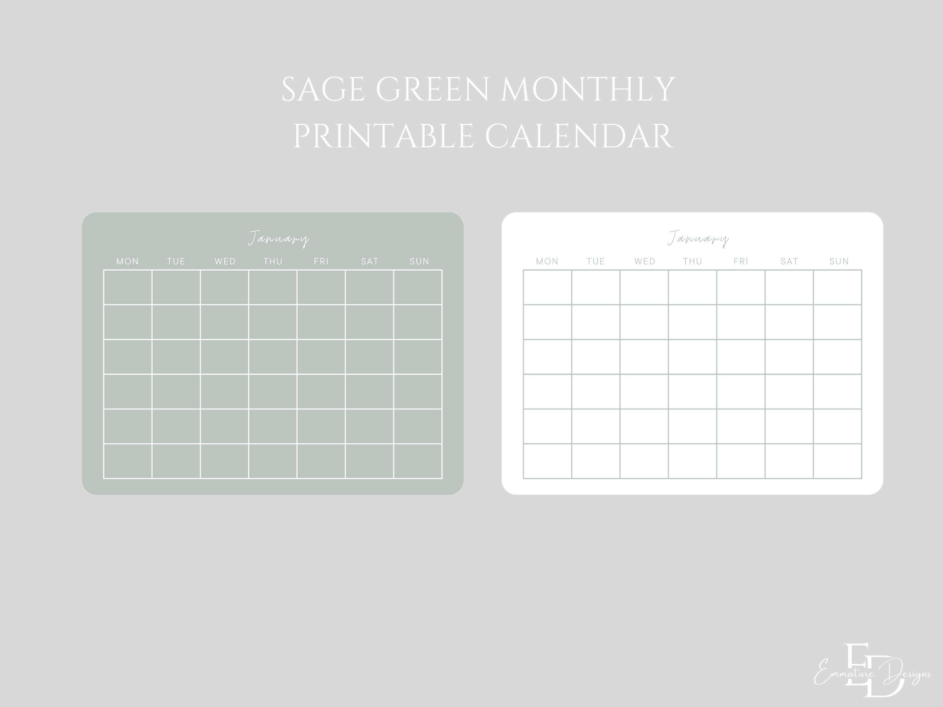 Sage Green Monthly Printable Calendar, Monthly Planner - Etsy