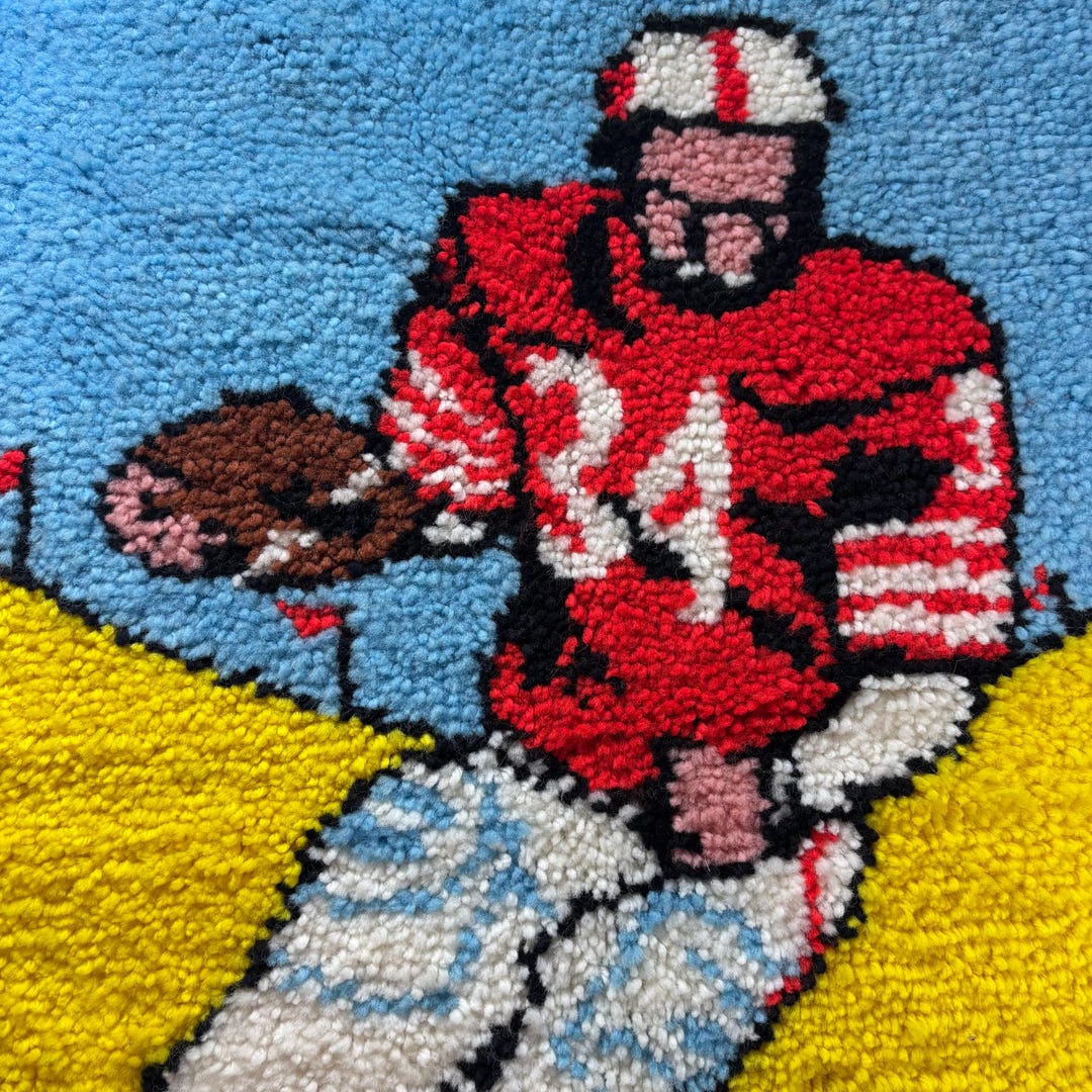 Vtg 70s HOOK LATCH RUG // Vintage Retro Colorway Football Player Hand ...