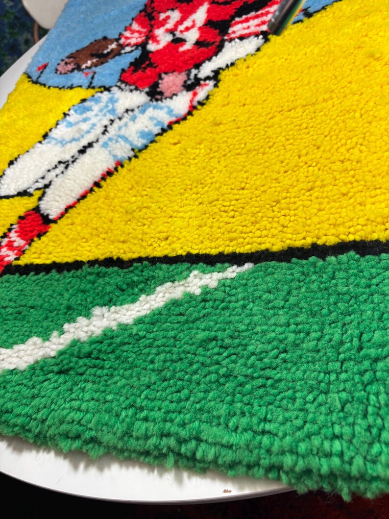 Vintage 70s Hook Latch Rug: Handmade Shaggy Football Player Wall Art ...
