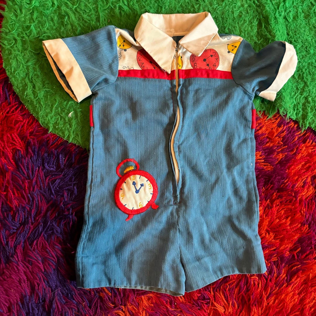 Vtg 70s CLOCK ROMPER // Vintage Retro Kids 2T Blue Pop Art Cute ...