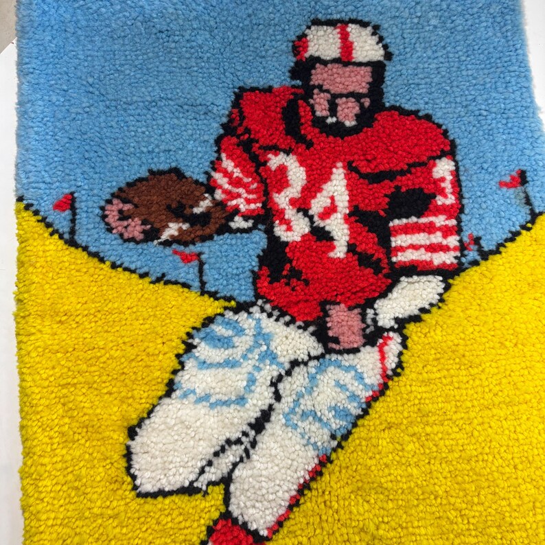 Vintage 70s Hook Latch Rug: Handmade Shaggy Football Player Wall Art ...