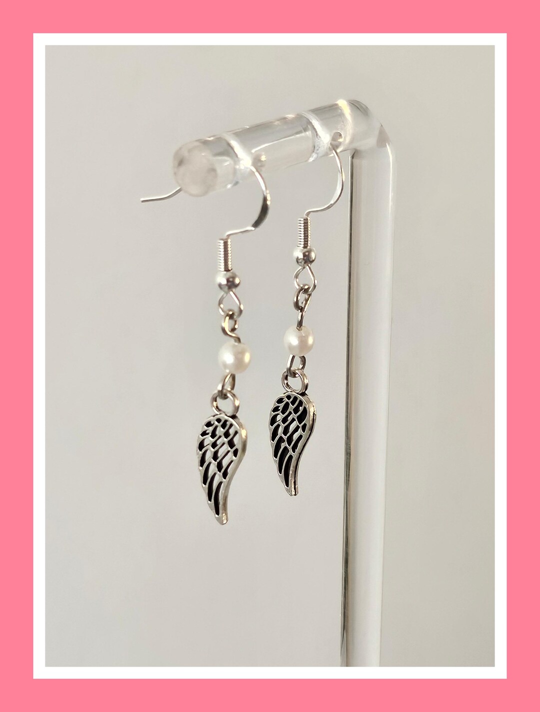 925 Sterling Silver Hook Angel Wings Pearl Bead Drop Dangle Earrings ...
