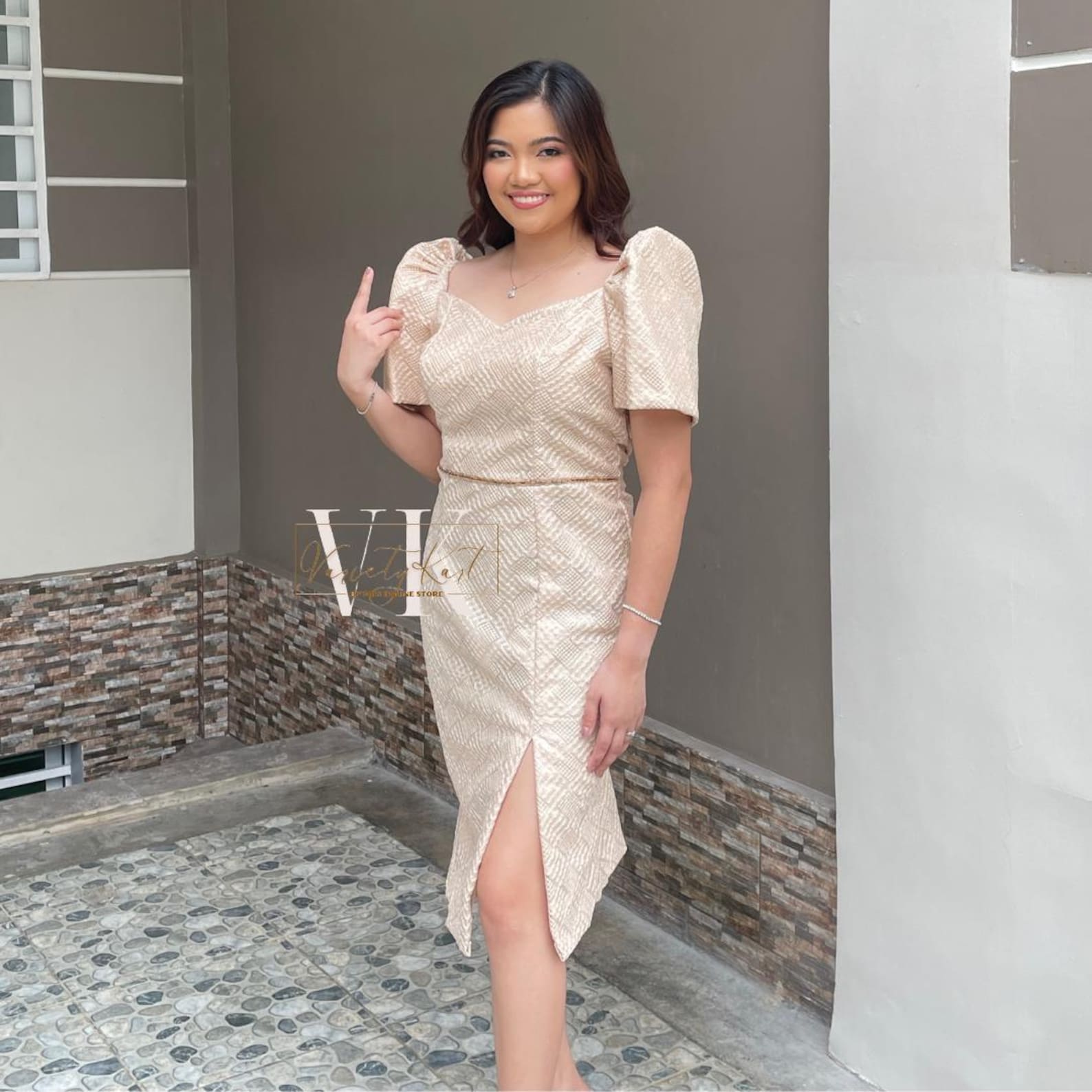 Eyelet Filipiniana Dress With Beaded Gold Belt and Sleek Slit - Etsy