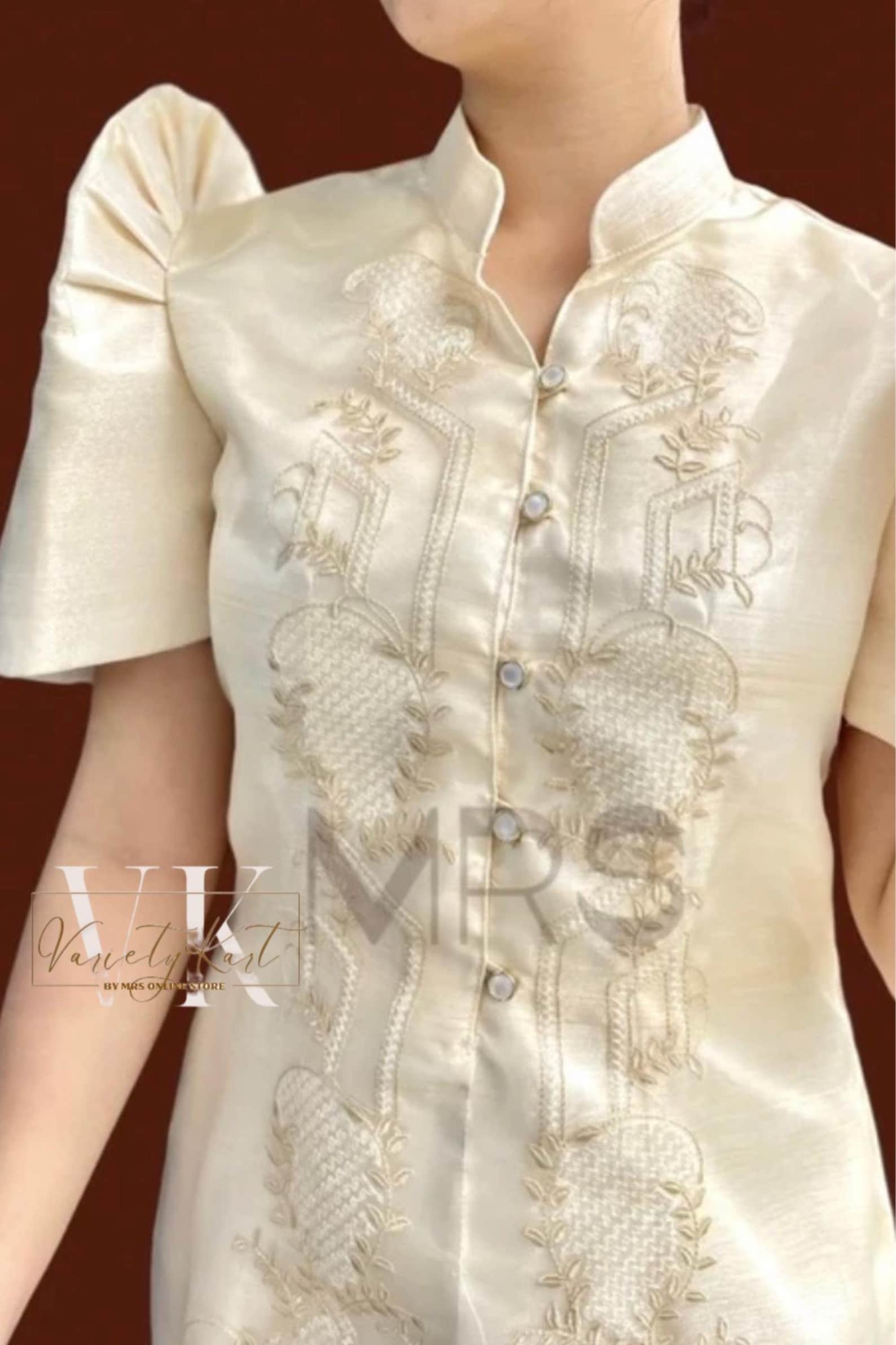 Marian Dress Chinese Collar Modern Filipiniana Machine Embroidered - Etsy