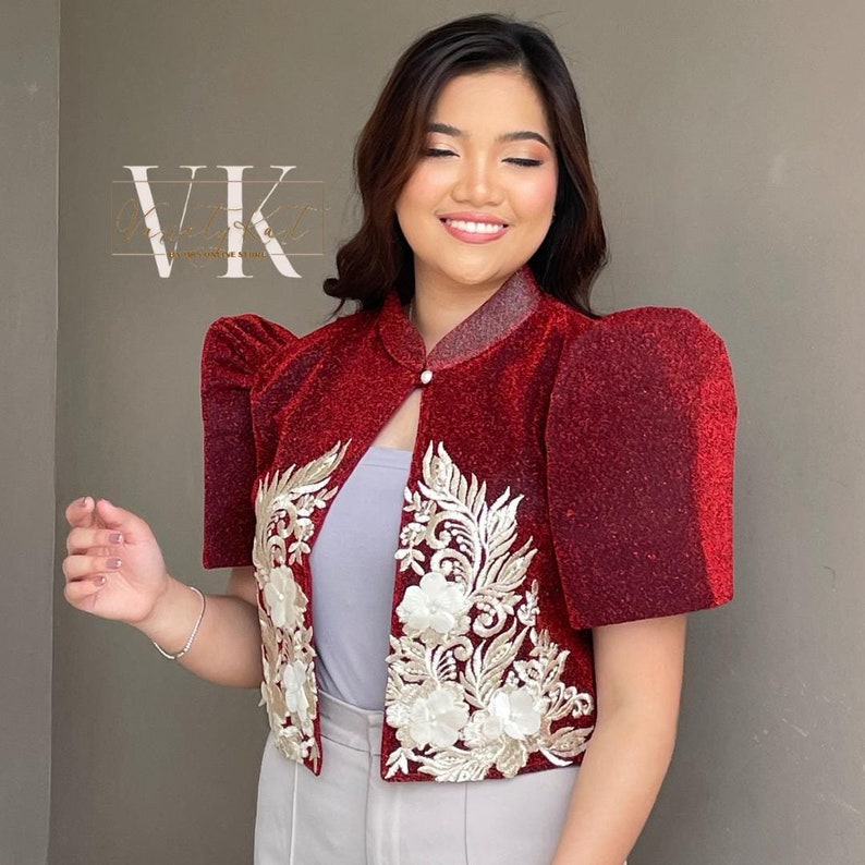 Deep Red Maroon Candycrash Filipiniana Bolero Chinese Collar With Lace ...