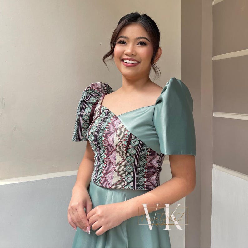 Sage Green Filipiniana Top and Skirt Set With Ethnic Fabric Design - Etsy