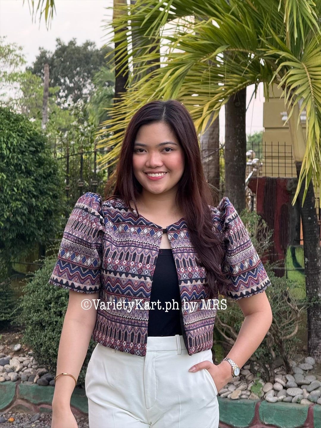 Modern Ethnic Filipiniana Bolero Blazer Diamond Wave Pattern in Blue ...