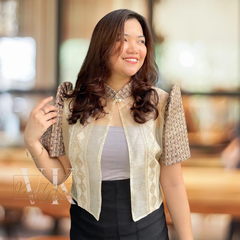 Modern Filipiniana Top Bolero Chinese Collar Machine Embroidered Design ...