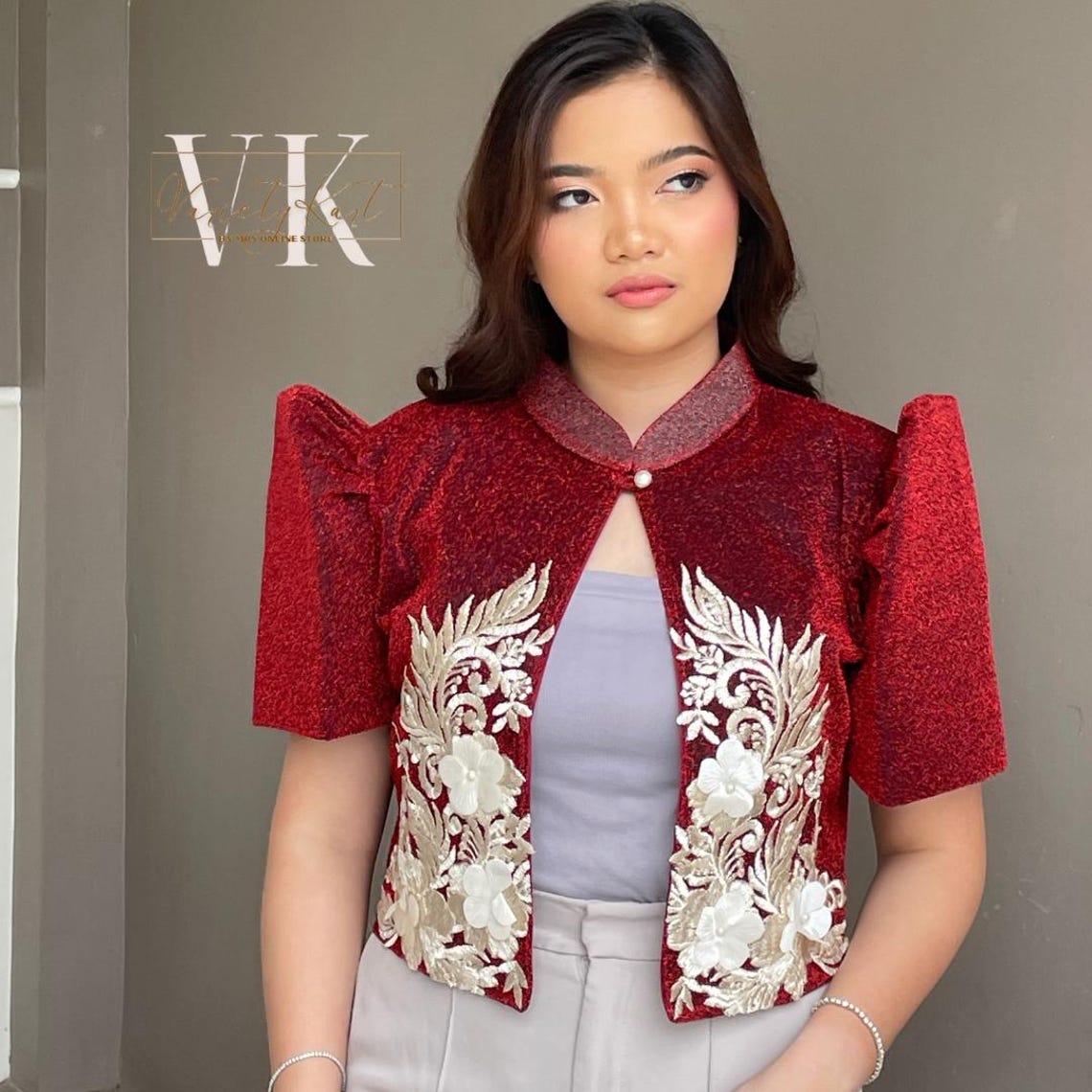 Deep Red Maroon Candycrash Filipiniana Bolero Chinese Collar With Lace ...