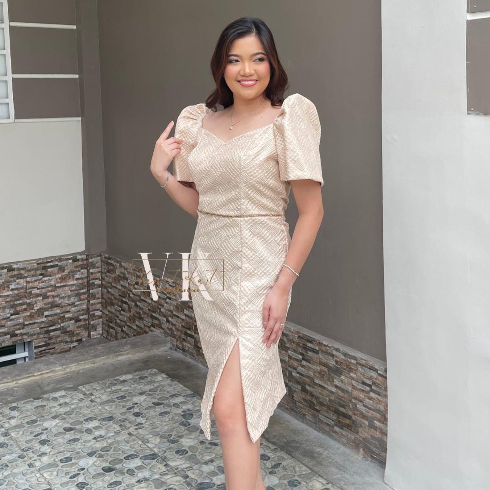 Eyelet Filipiniana Dress With Beaded Gold Belt and Sleek Slit - Etsy
