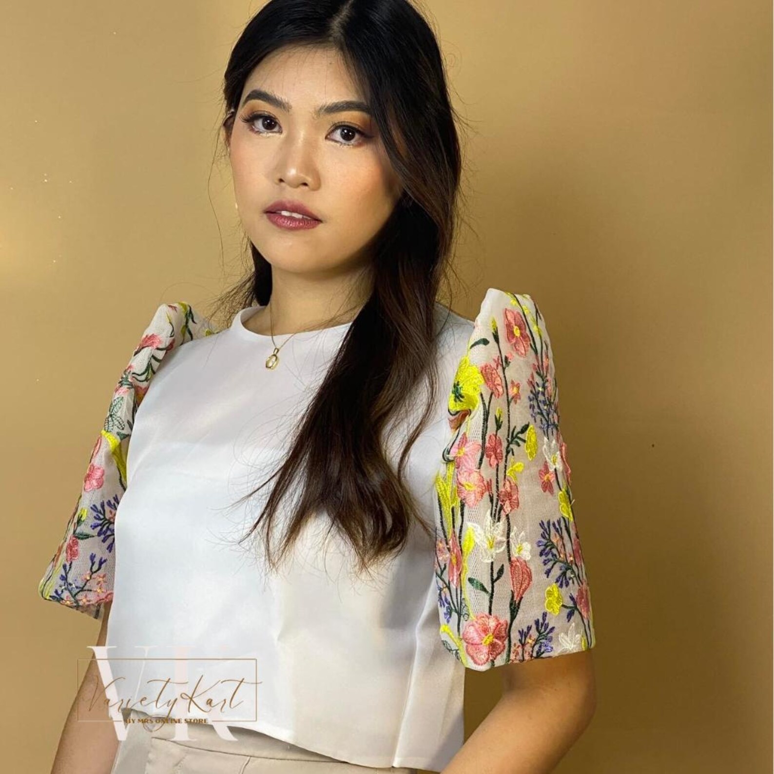 Modern Minimalist Juci White/ Beige Filipiniana Top With Lace Sleeves ...