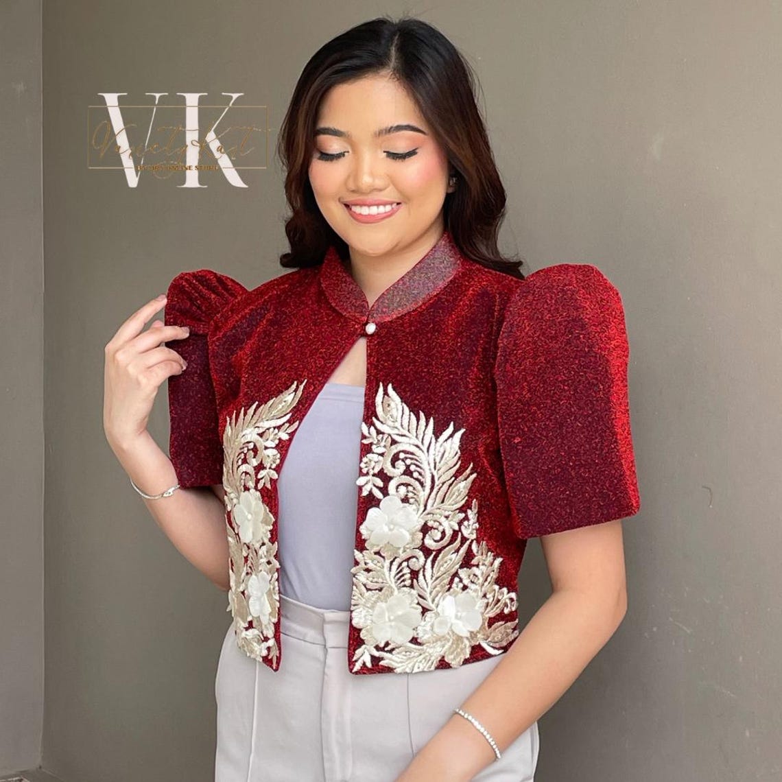 Deep Red Maroon Candycrash Filipiniana Bolero Chinese Collar With Lace ...