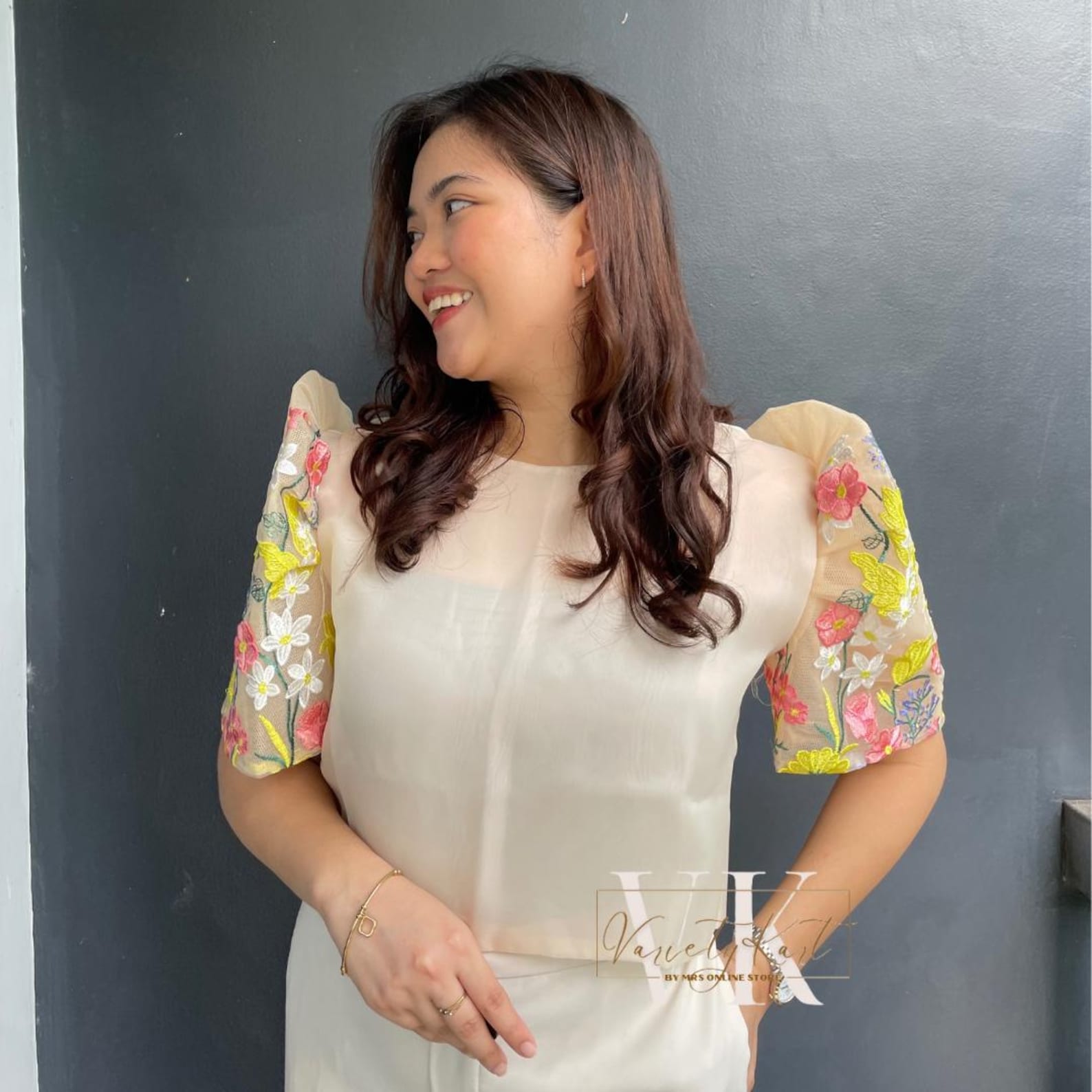 Modern Minimalist Juci White/ Beige Filipiniana Top With Lace Sleeves ...