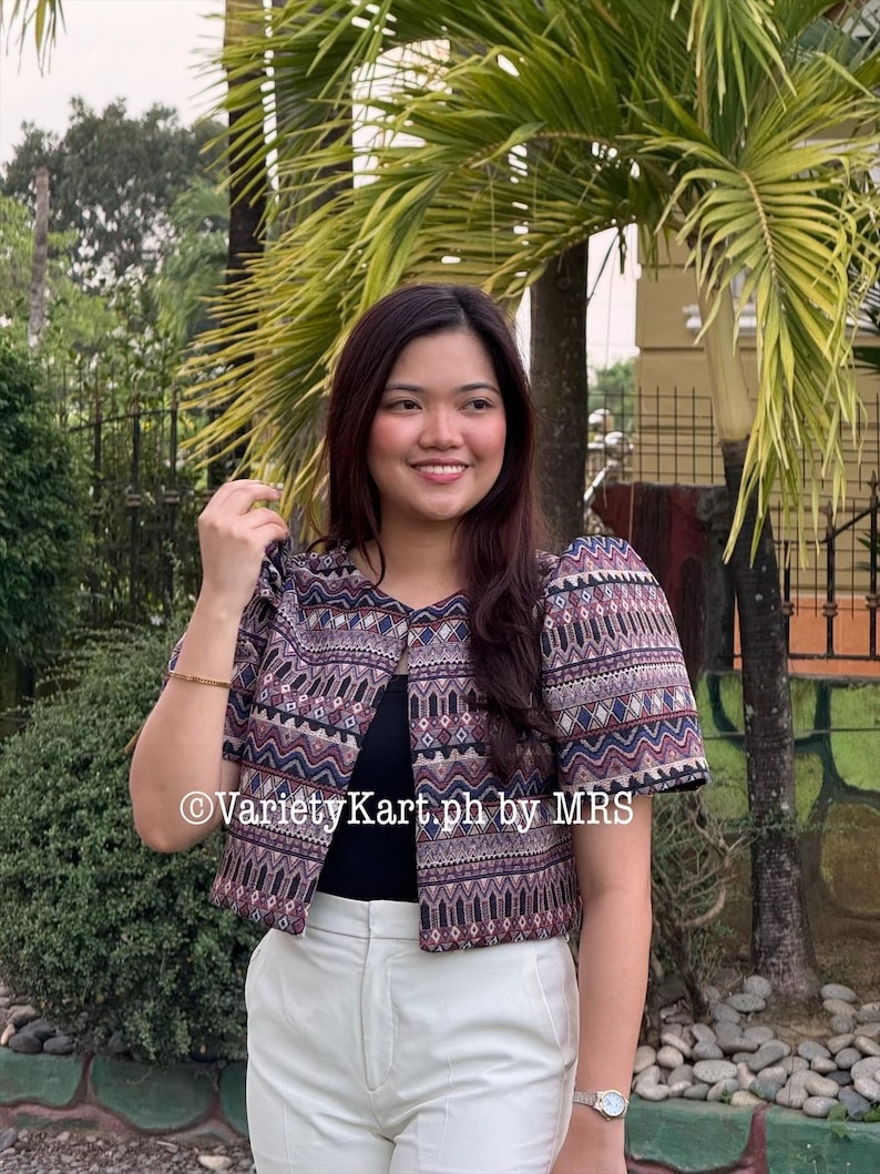 Modern Ethnic Filipiniana Bolero Blazer Diamond Wave Pattern in Blue ...