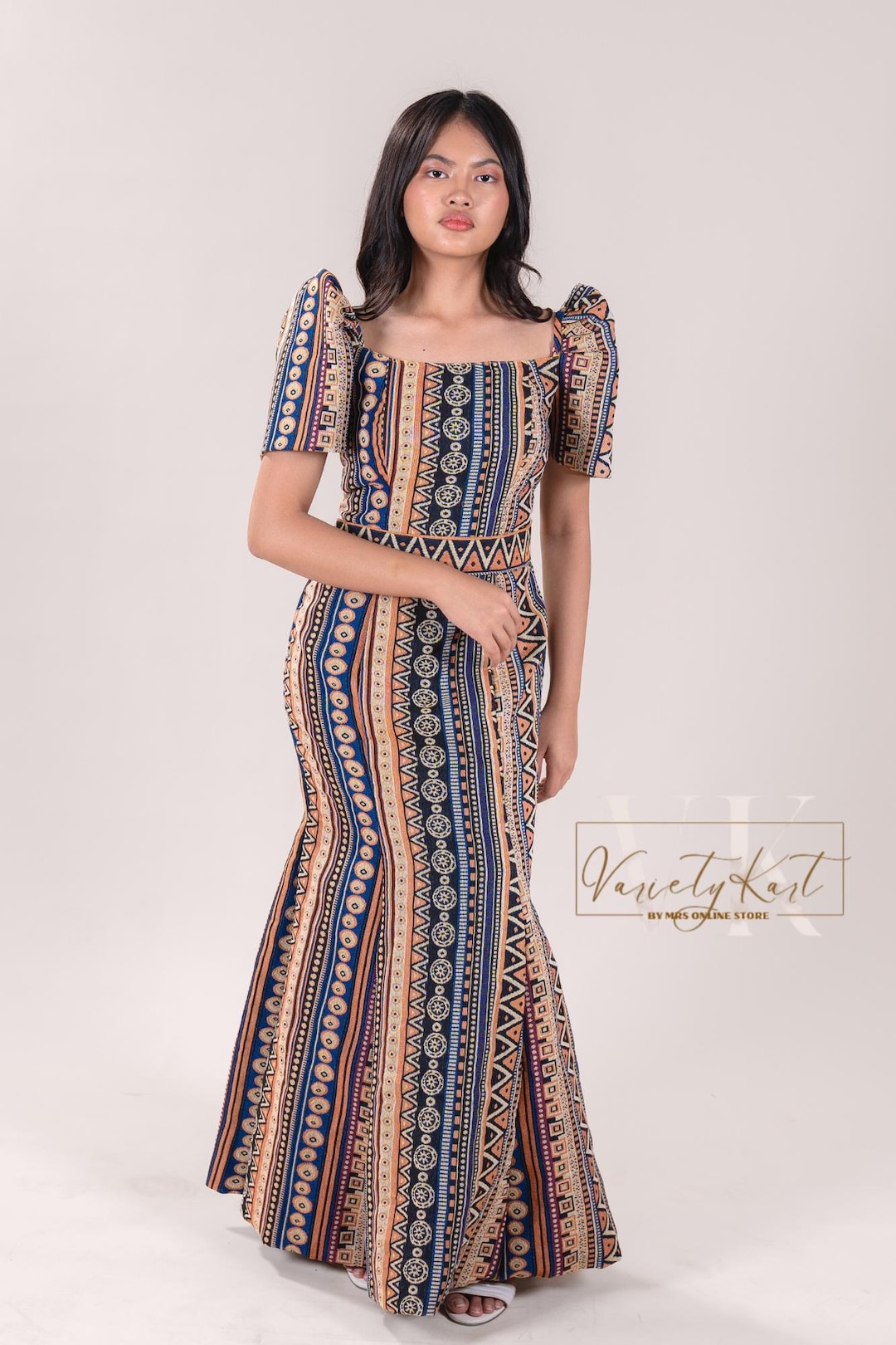 Inabel Filipiniana Serpentina Gown Dress Geometric Pattern in Yellow ...