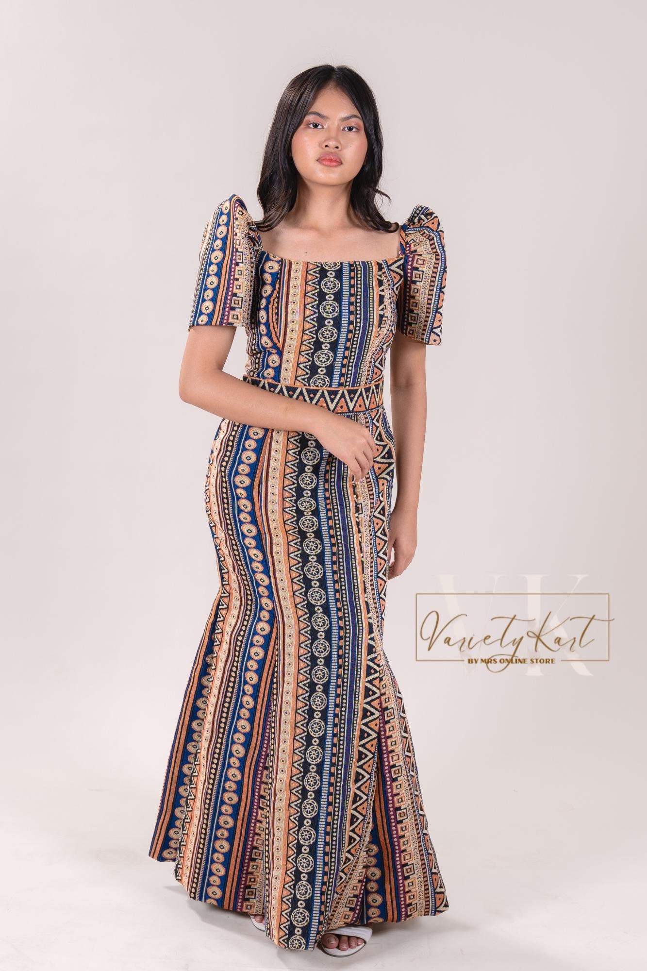 Inabel Filipiniana Serpentina Gown Dress Geometric Pattern in Yellow ...