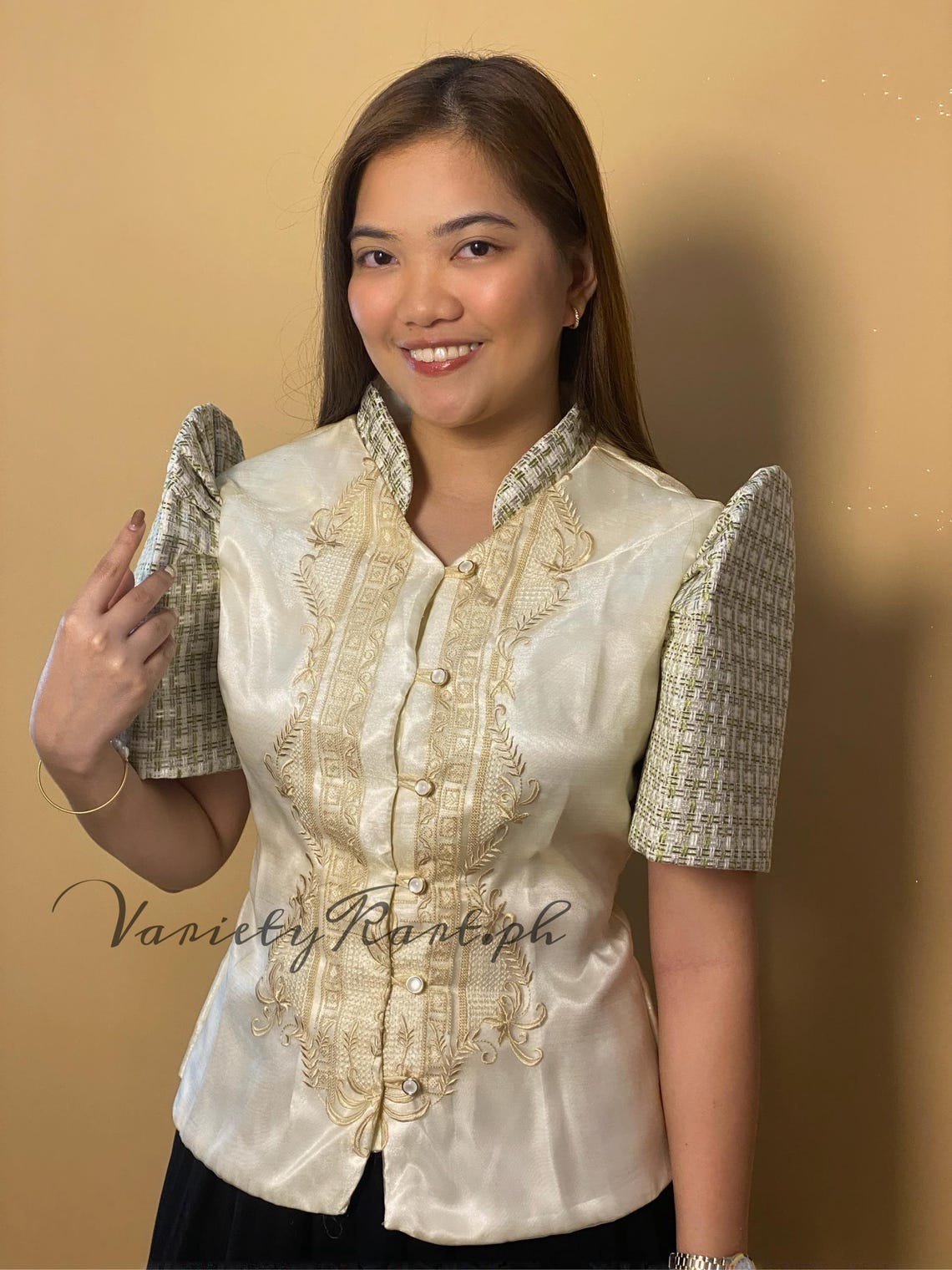 Ladies Barong Modern Filipiniana Top Machine Embroidered Banig Half Sak ...