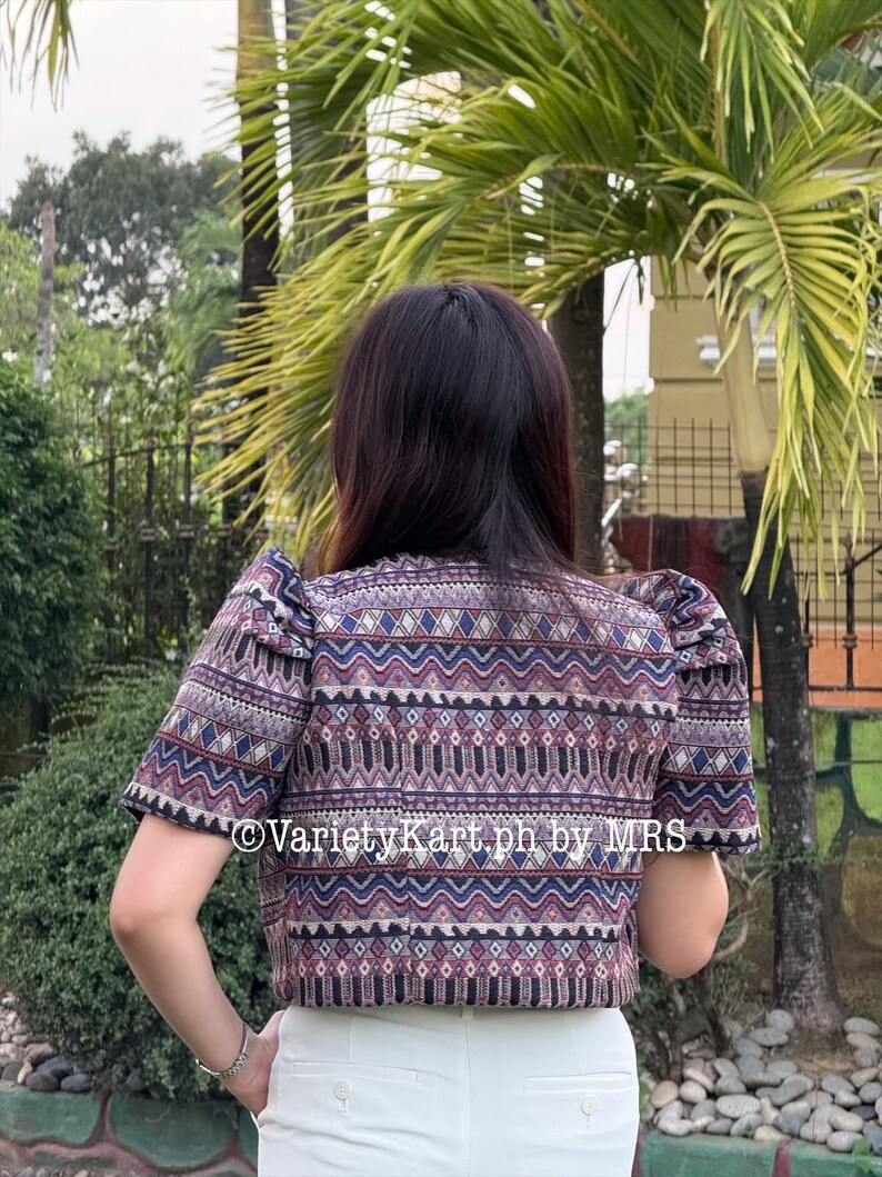 Modern Ethnic Filipiniana Bolero Blazer Diamond Wave Pattern in Blue ...