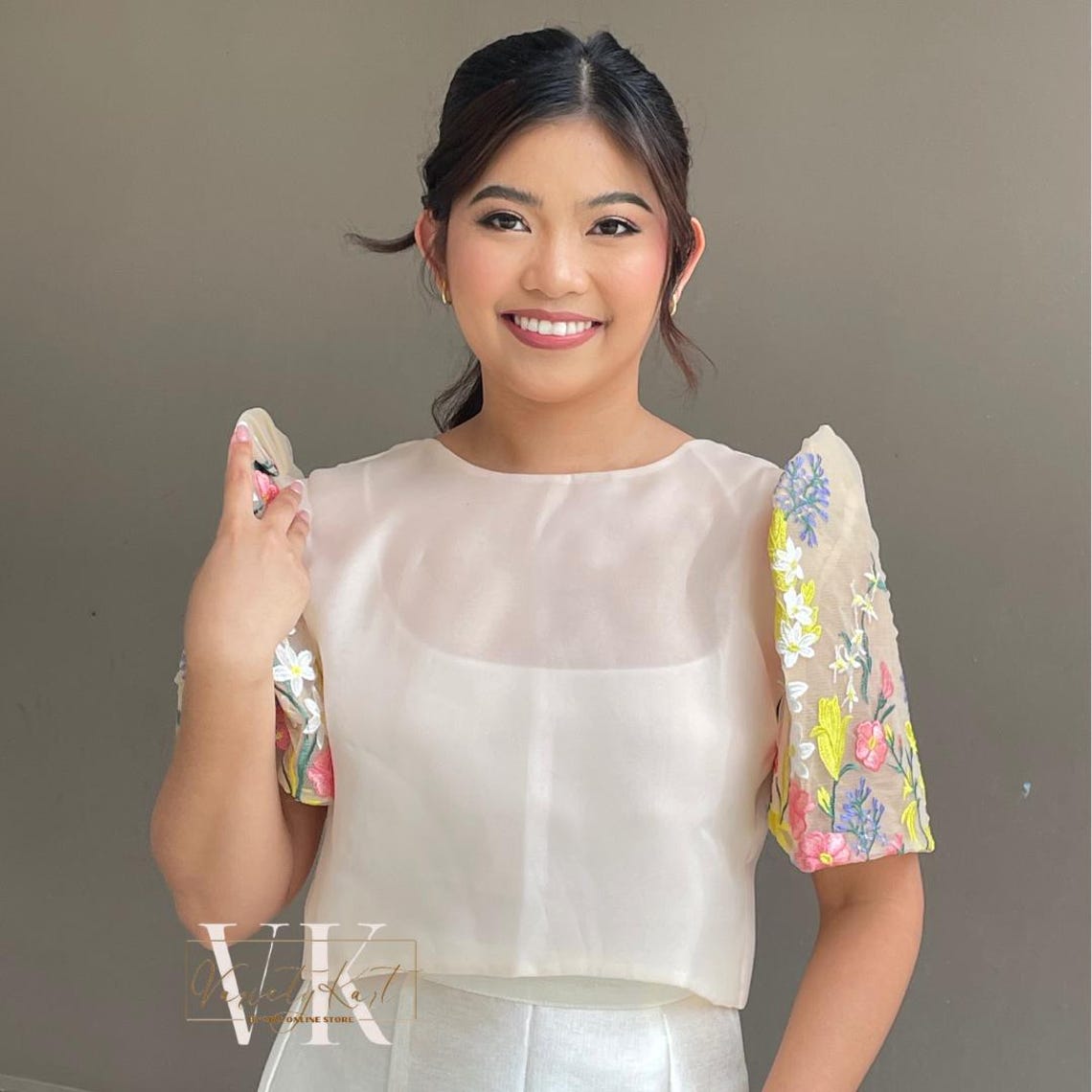 Minimalist Juci Top Filipiniana With Lace Sleeves in Beige Color - Etsy