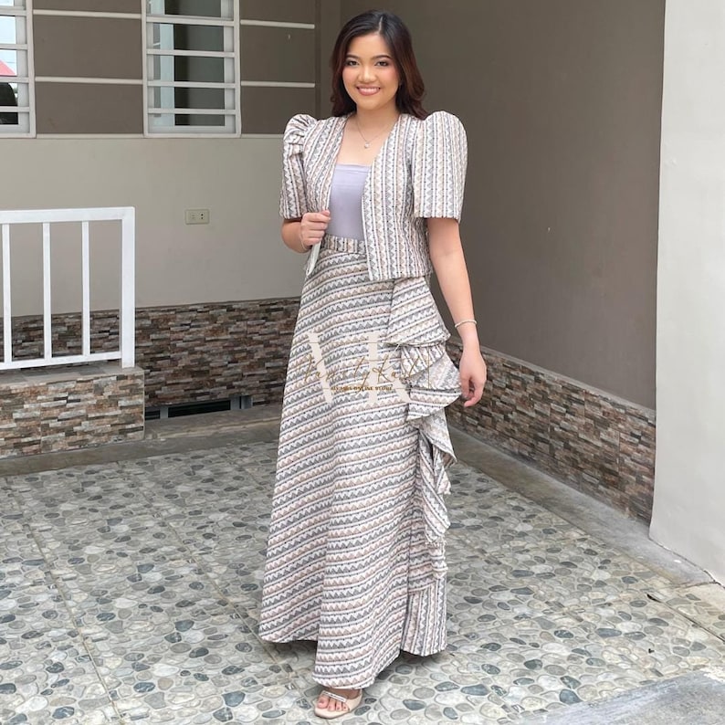 Filipiniana Blazer Top and Skirt With Ruffles Set in Shade of Brown - Etsy